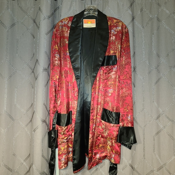 Vintage | Jackets & Coats | Vintage 6s Oriental Brand Asian Red Satin Brocade Smoking Jacket M ...